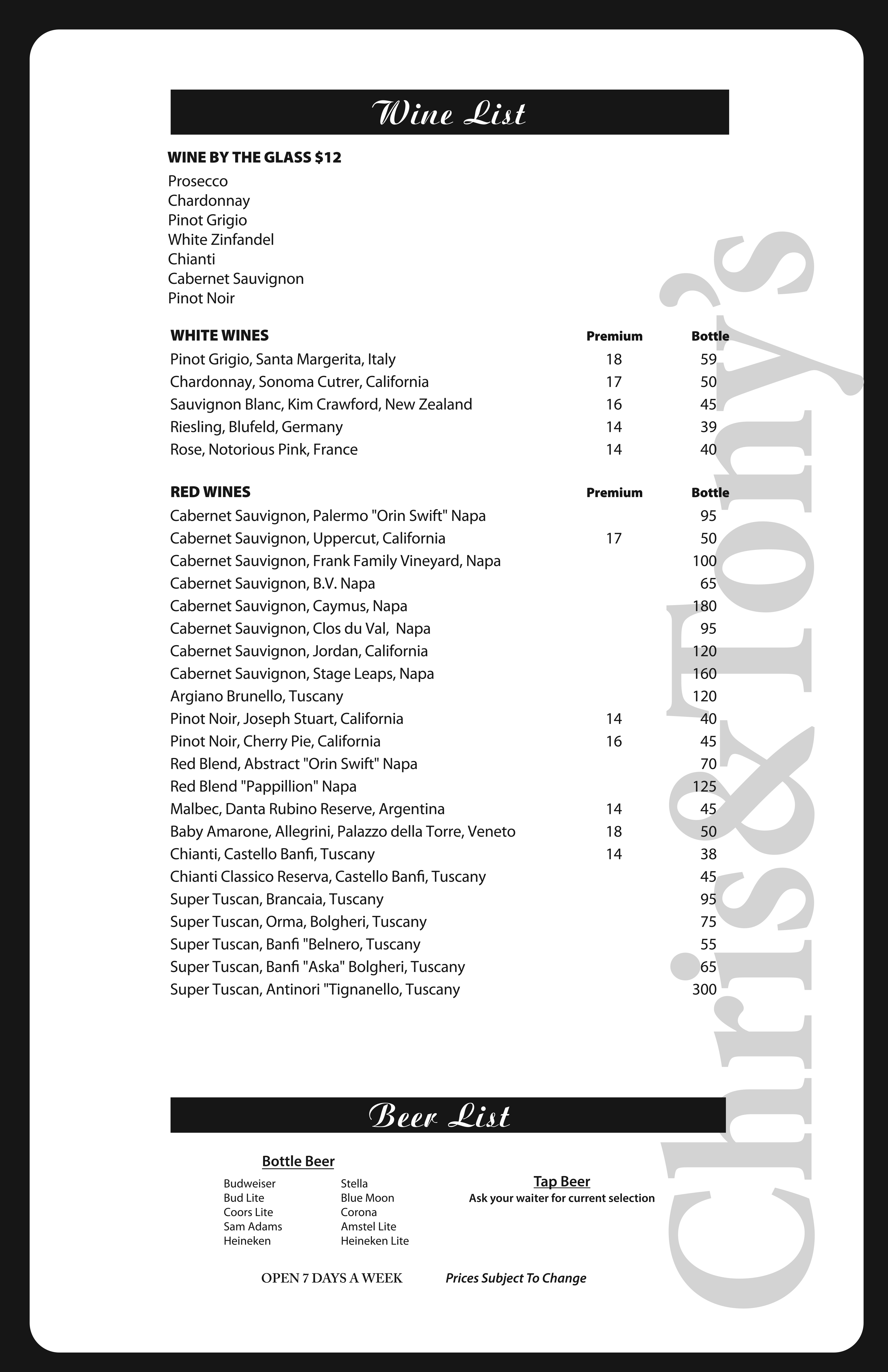 Menus – Chris and Tony’s